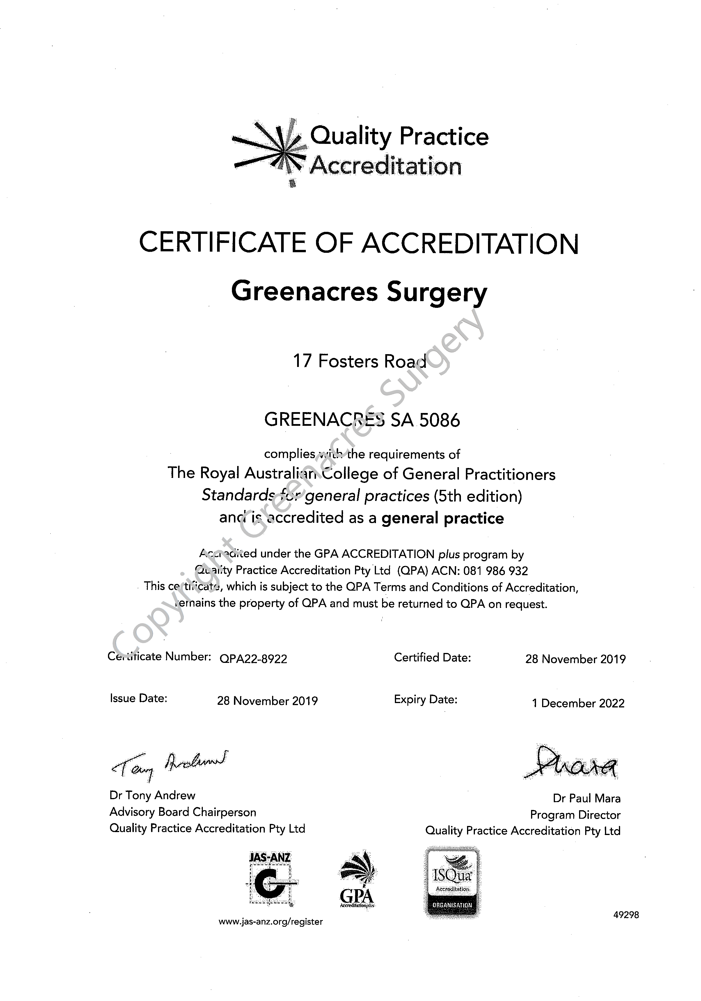 QPA Accreditation Certificate – Greenacres Surgery